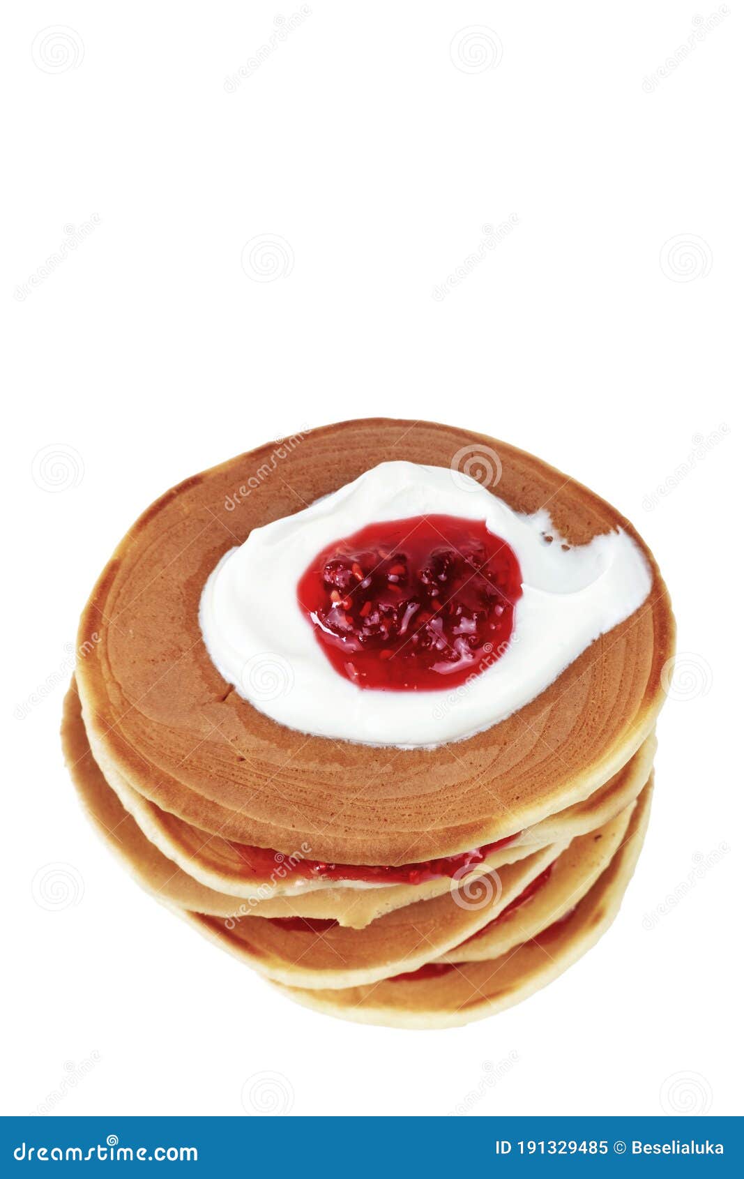 Stack of Pancakes with Sour Cream and Raspberry Jam on White Background ...