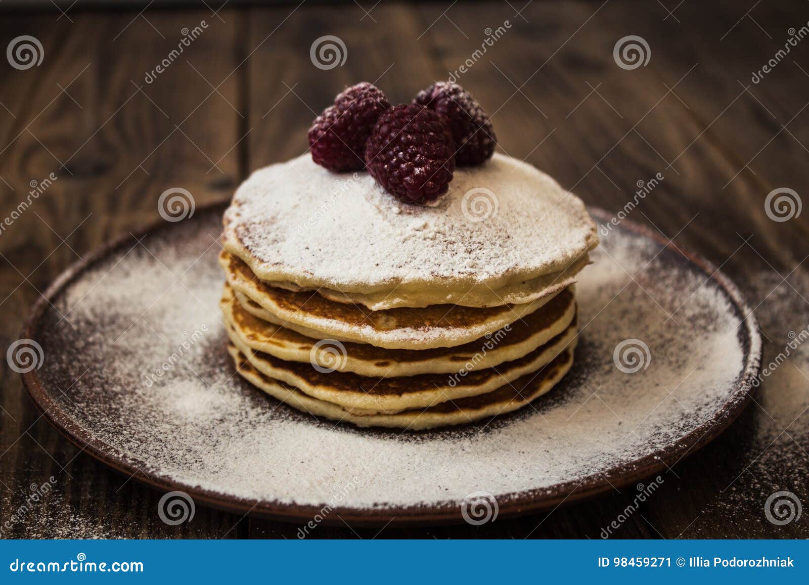 Stack of Pancakes with Sugar Powder and Raspberry Stock Image - Image ...