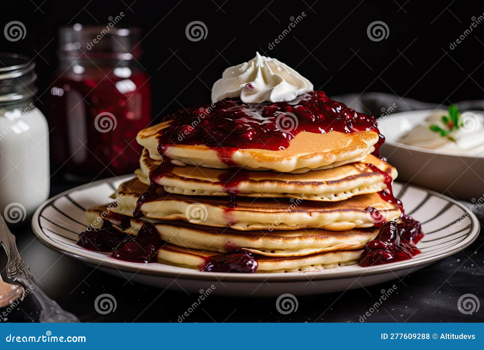 Stack of Pancakes, Topped with Homemade Strawberry Jam and Whipped ...