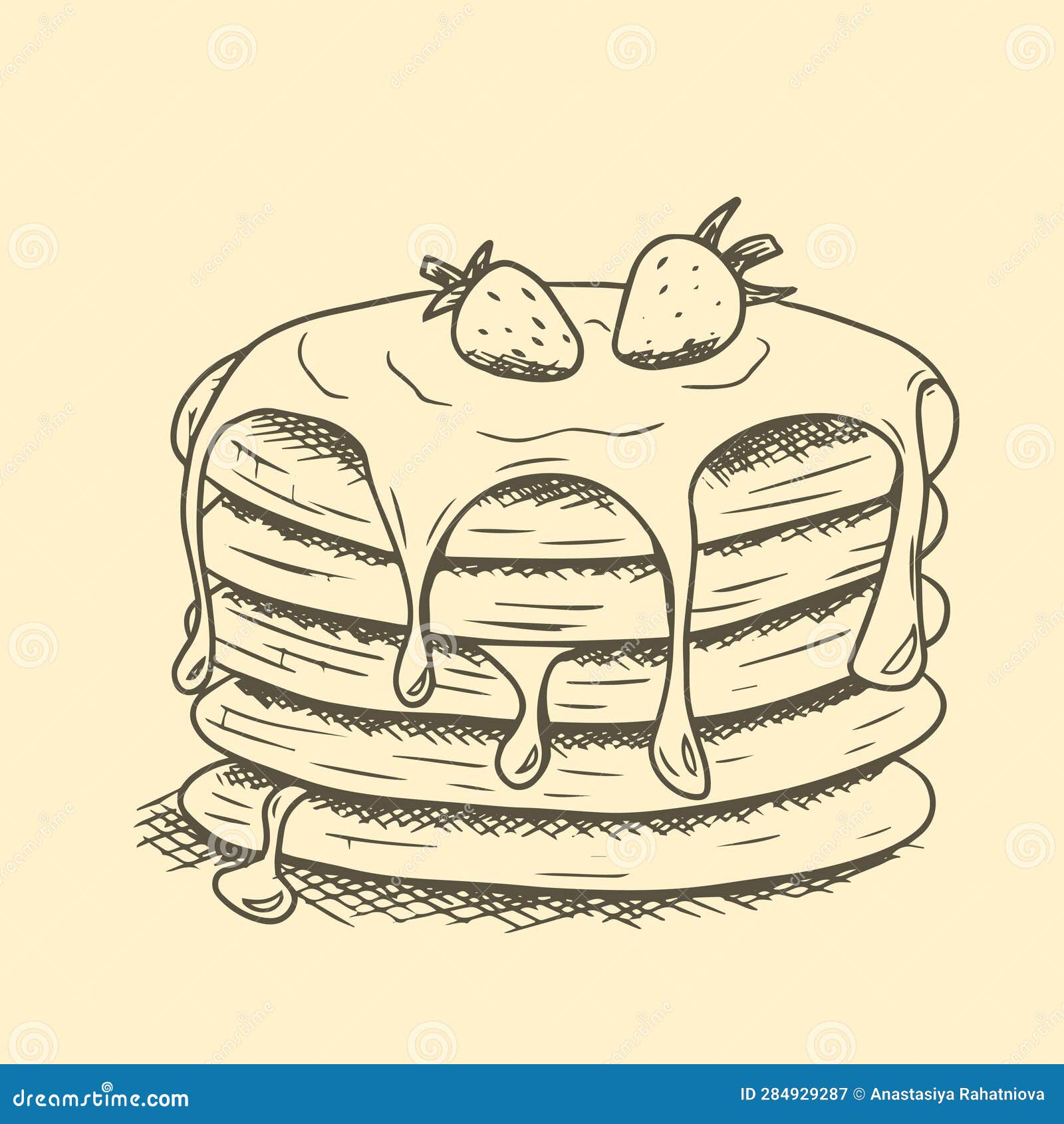 A Stack of Pancakes Topped with Jam and Strawberries on Top. Hand Drawn ...