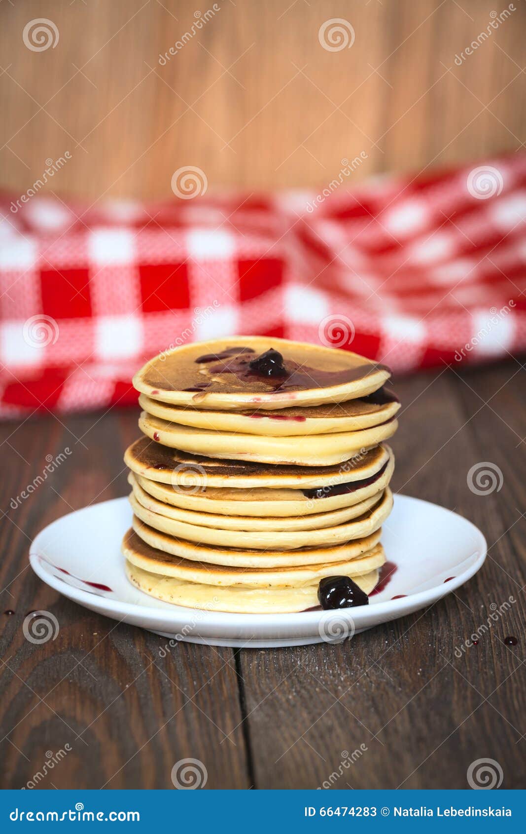 Stack of Pancakes White Plate with Cherry Jam, Red Napkin, Brow Stock ...