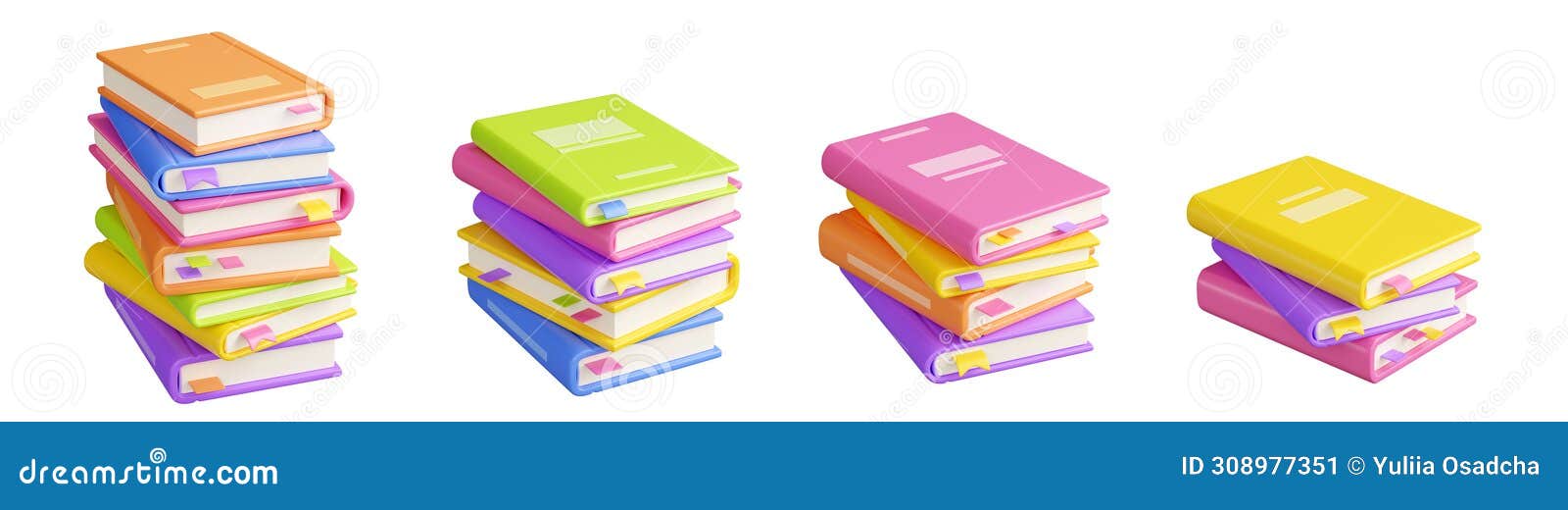 Stack of Paper Books of Different Height. 3D Render Illustration Set ...