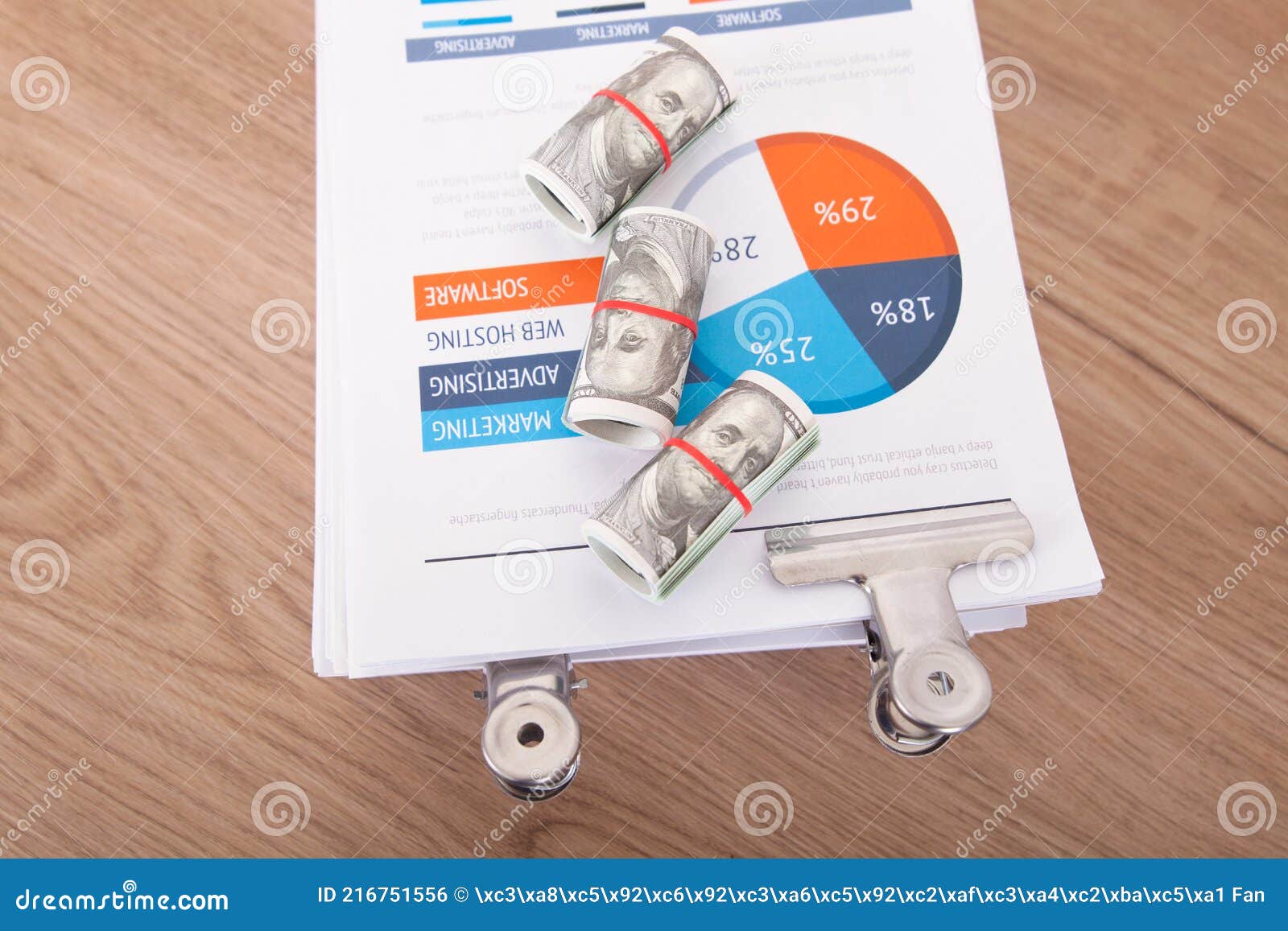 A Stack of Paper Business Documents and Several Rolls of Dollar Bills ...