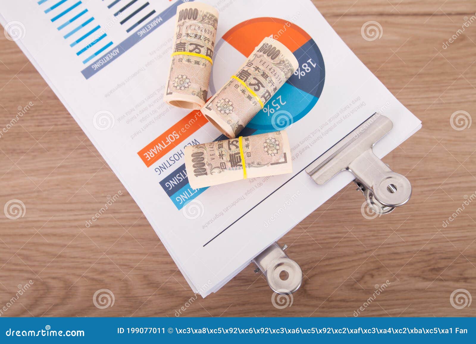 A Stack of Paper Business Documents and Several Rolls of Yen Bills on ...