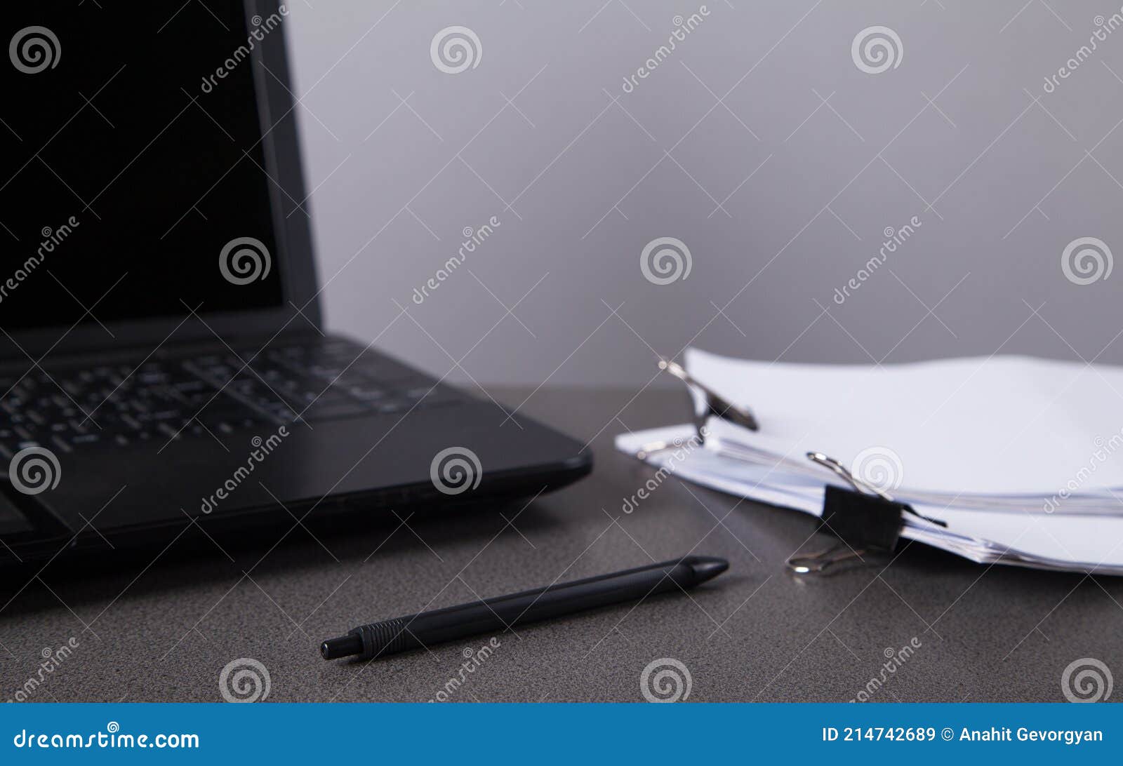 Stack of Paper Documents with Pen and Computer, on Office Desk ...
