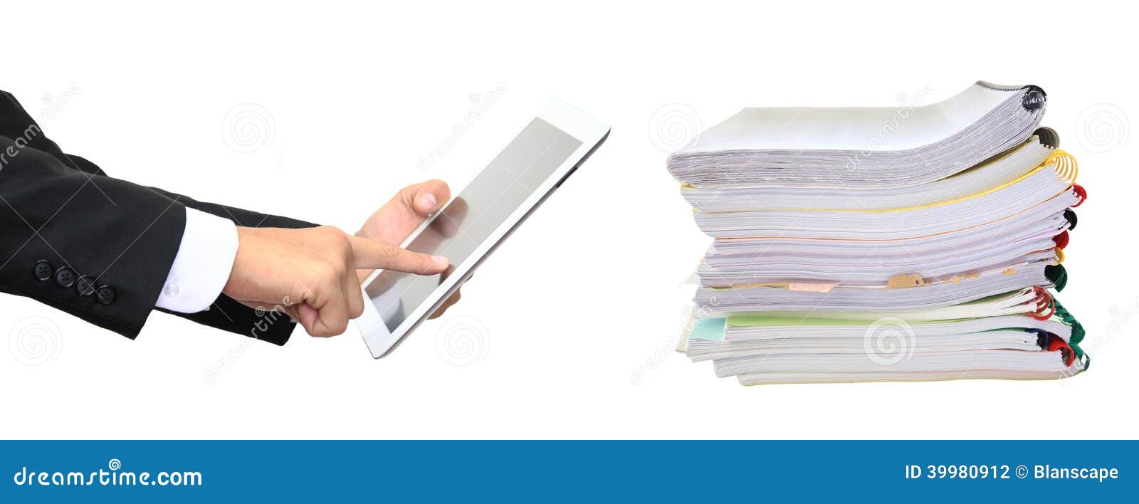 Stack Paper Folders and Finger Pointing To Tablet Isolated Stock Photo ...