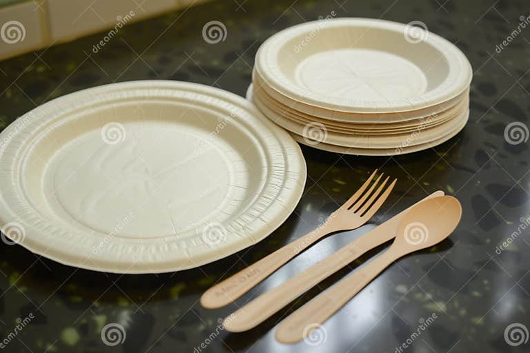 Stack of Paper Plates beside Disposable Cutlery on a Table Stock Photo ...