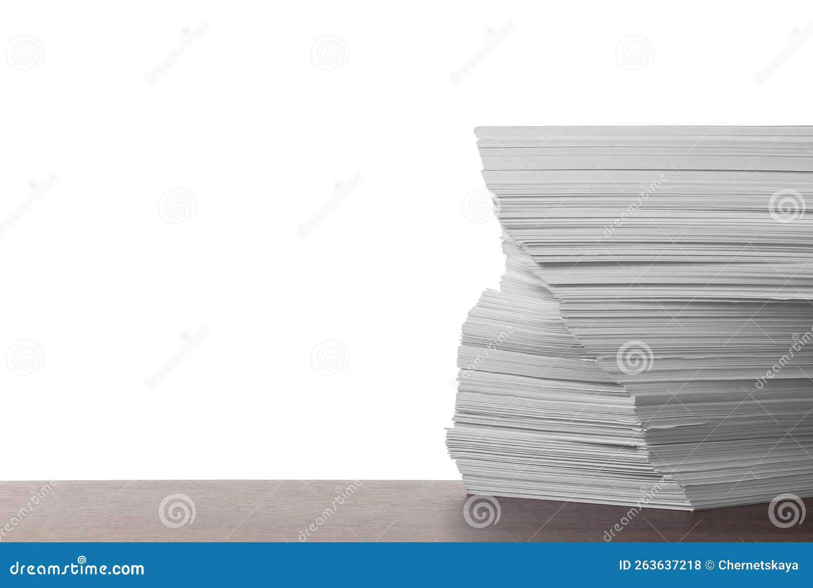 Stack of Paper Sheets on Wooden Table Against White Background. Space ...