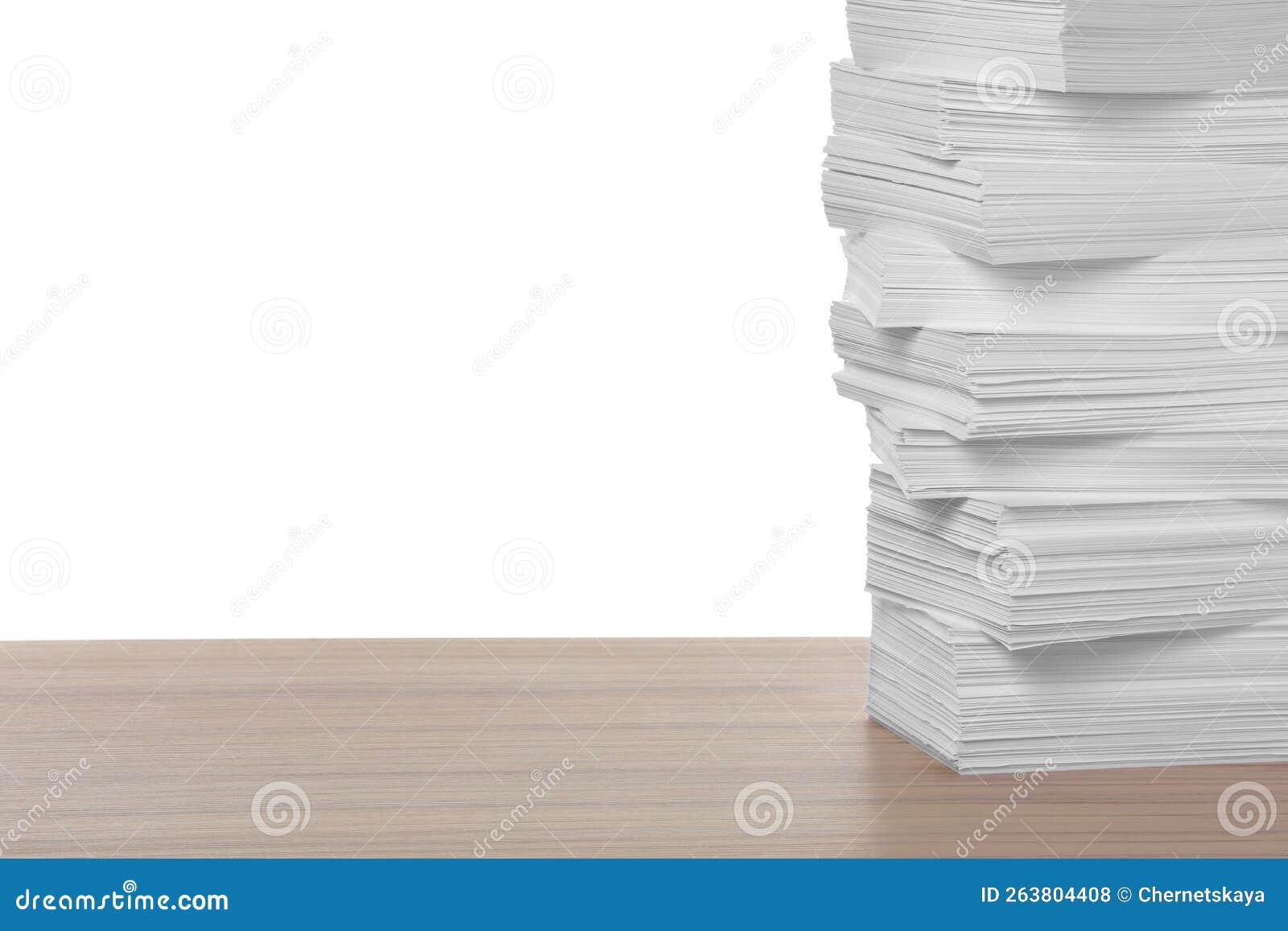 Stack of Paper Sheets on Wooden Table Against White Background. Space ...