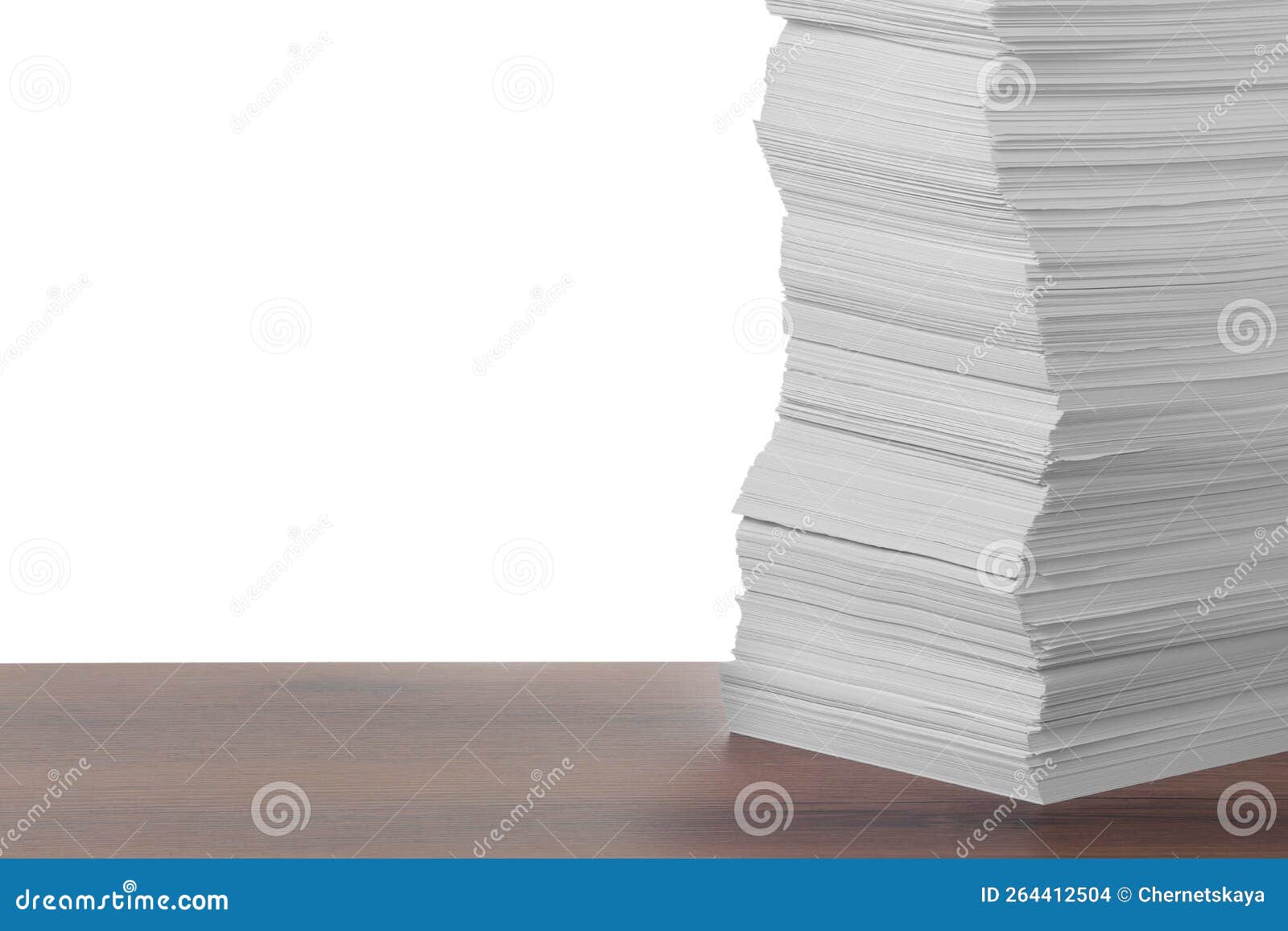 Stack of Paper Sheets on Wooden Table Against White Background. Space ...