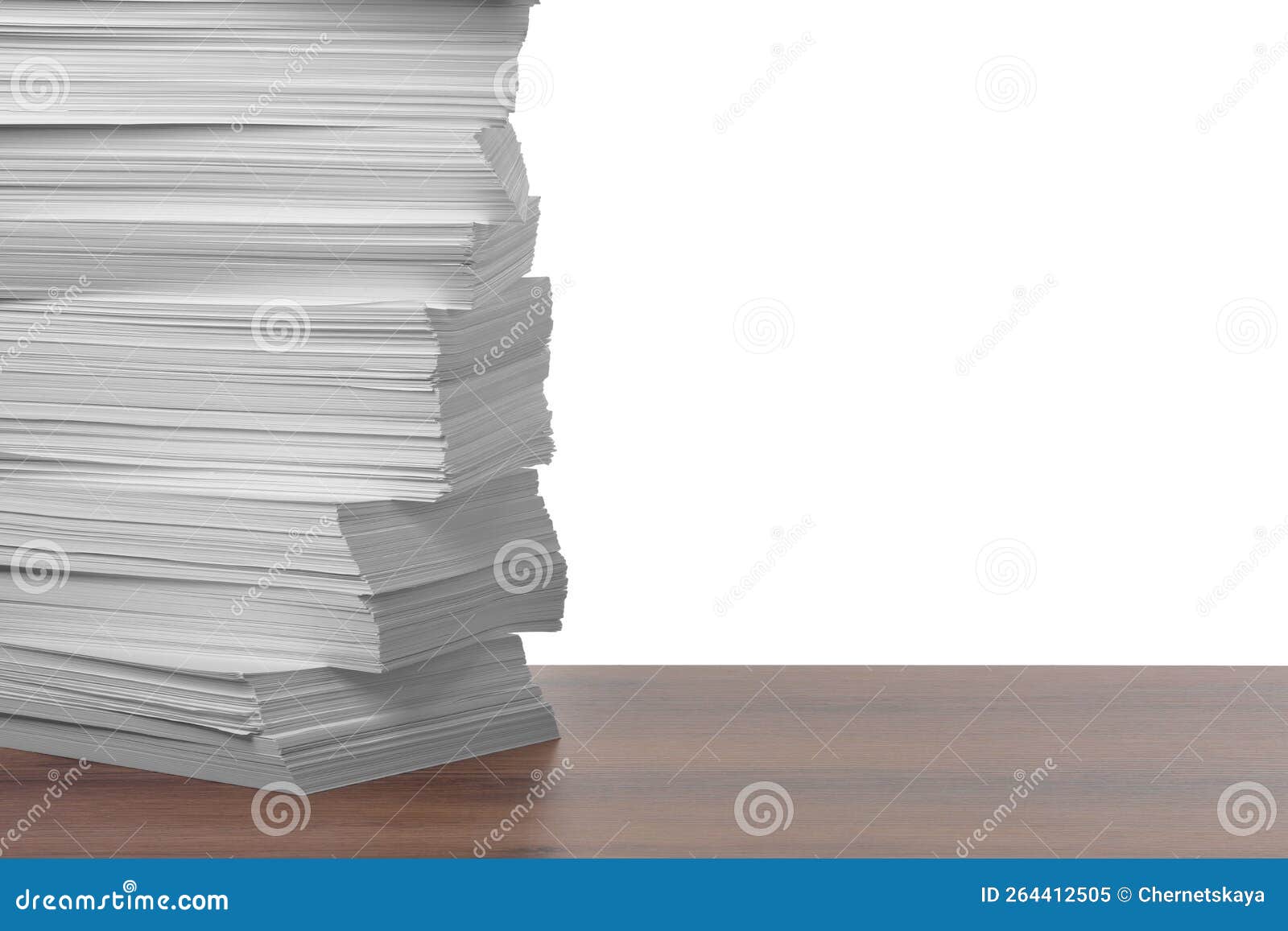 Stack of Paper Sheets on Wooden Table Against White Background. Space ...