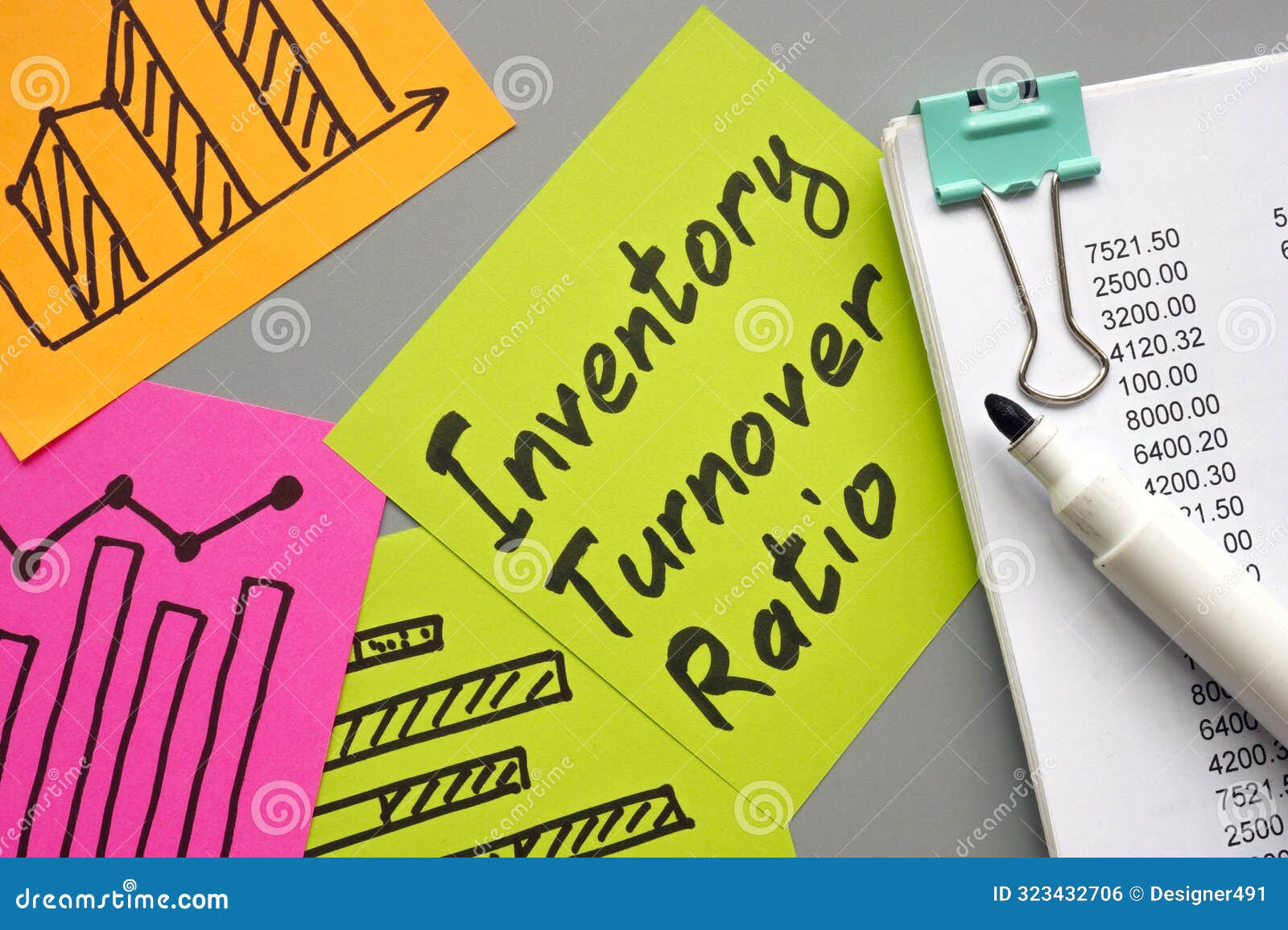 Stack of Papers with Charts and Inventory Turnover Ratio. Stock Photo ...