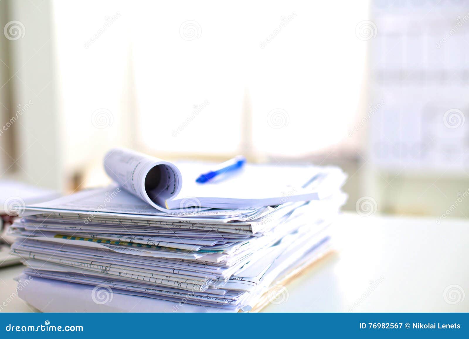 Stack of Papers on the Desk with Computer Stock Image - Image of ...