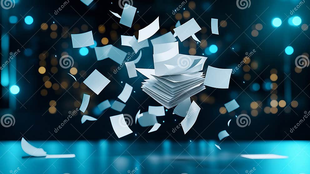 Stack of Papers Floating in Digital Environment with Scattered Sheets ...