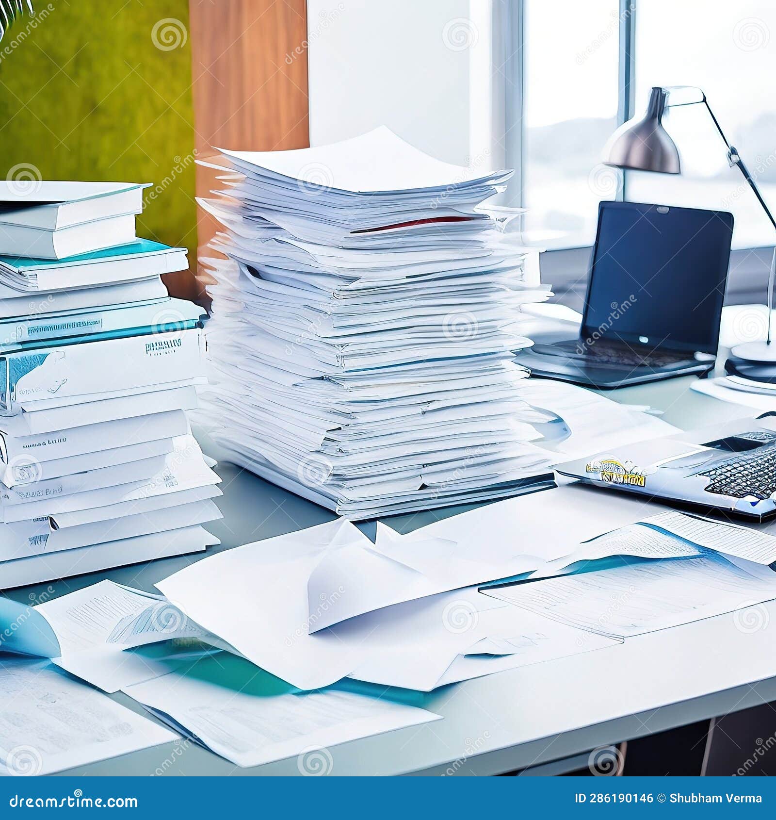 Stack of Papers and Papers on Table in the Office Stock Illustration ...