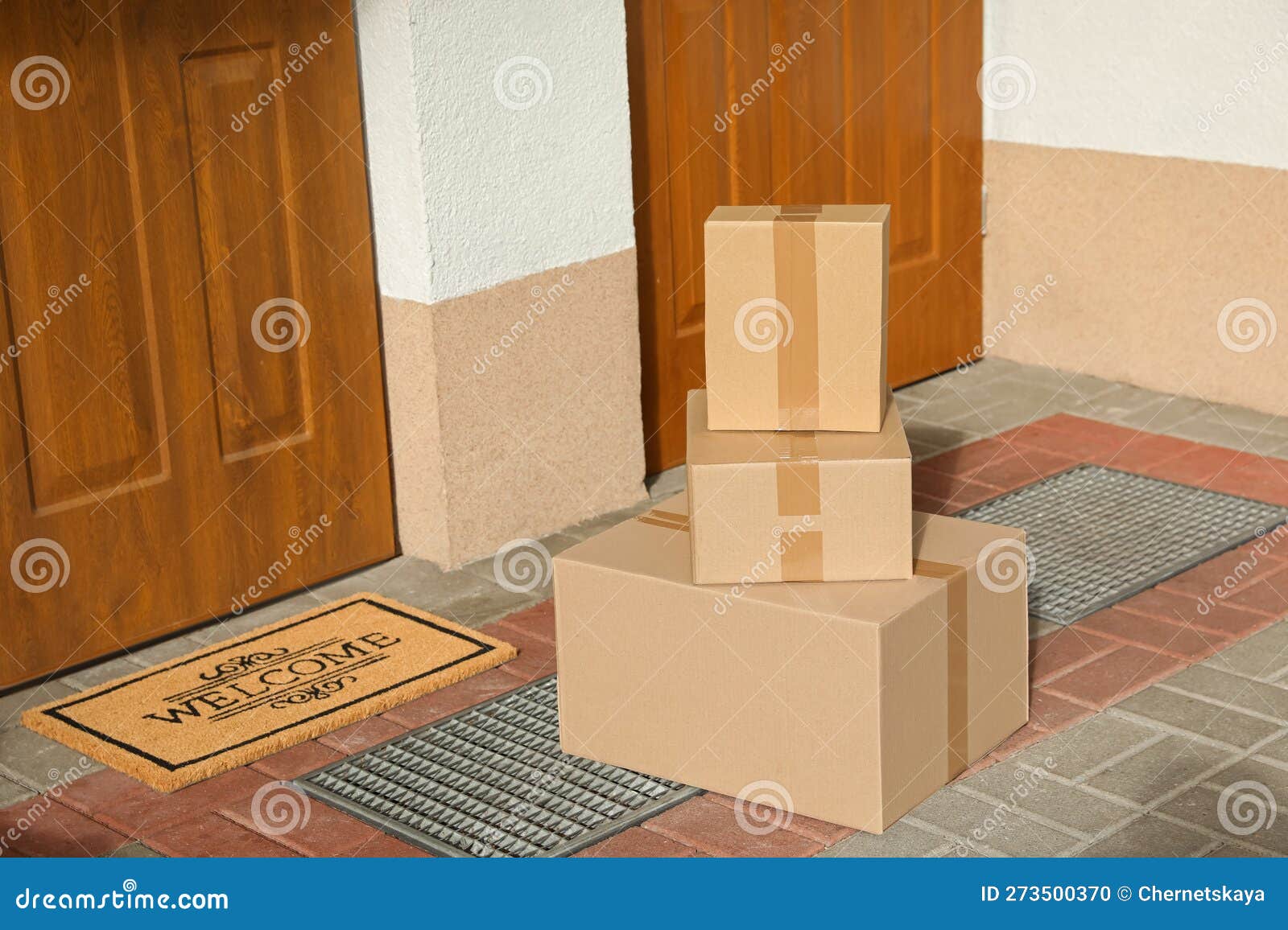 Stack of Parcels Delivered Near Front Door Stock Photo - Image of ...