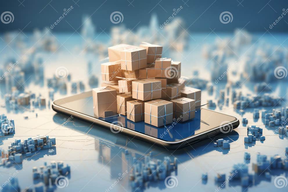 A Stack of Parcels on a Realistic Smartphone Screen , on a Blue ...