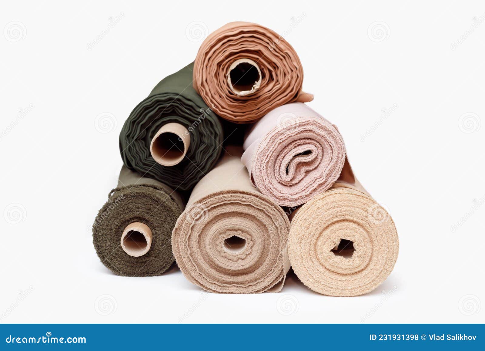 Stack Of Pastel Color Fabric Rolls Isolated On White Synthetic And Natural Fabrics With