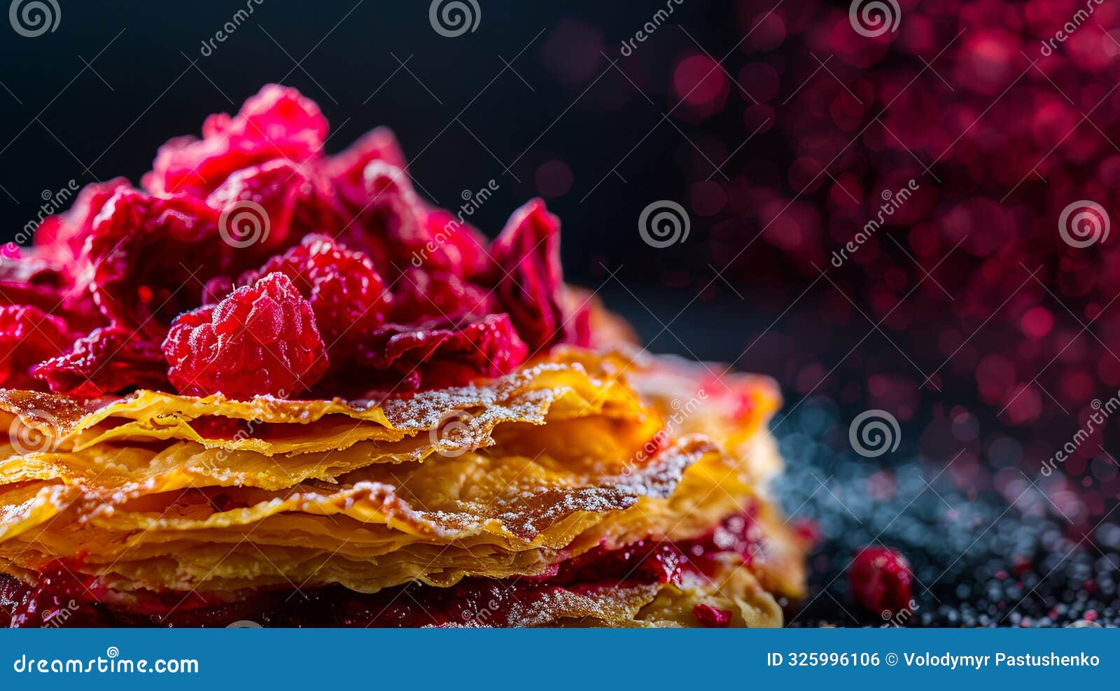 A Stack of Pastry with Raspberries on Top Stock Photo - Image of berry ...