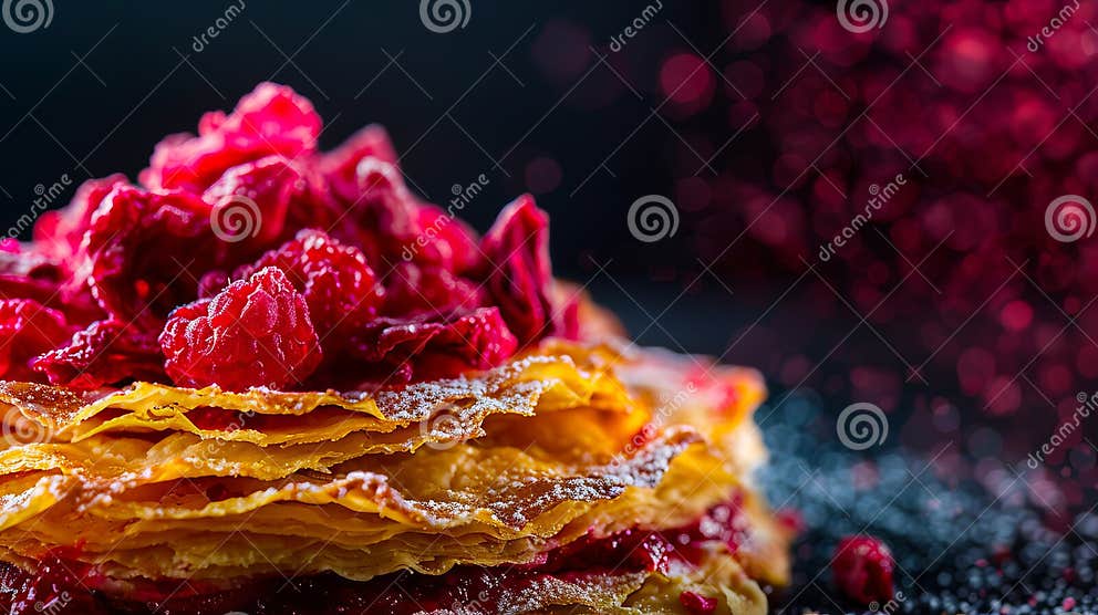 A Stack of Pastry with Raspberries on Top Stock Photo - Image of berry ...