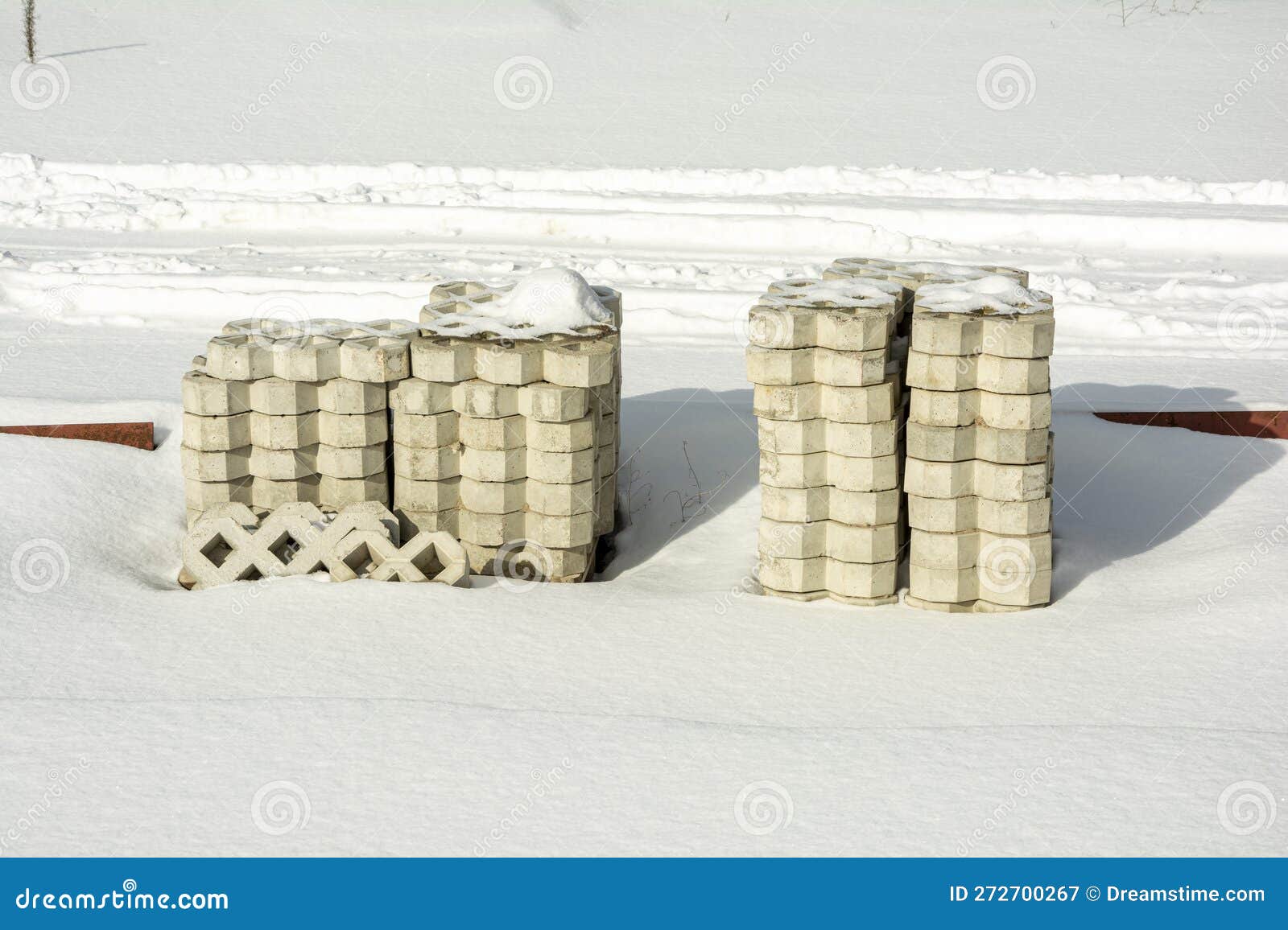 A Stack of Paving Slabs on a Construction Site Covered with Snow. Stock ...