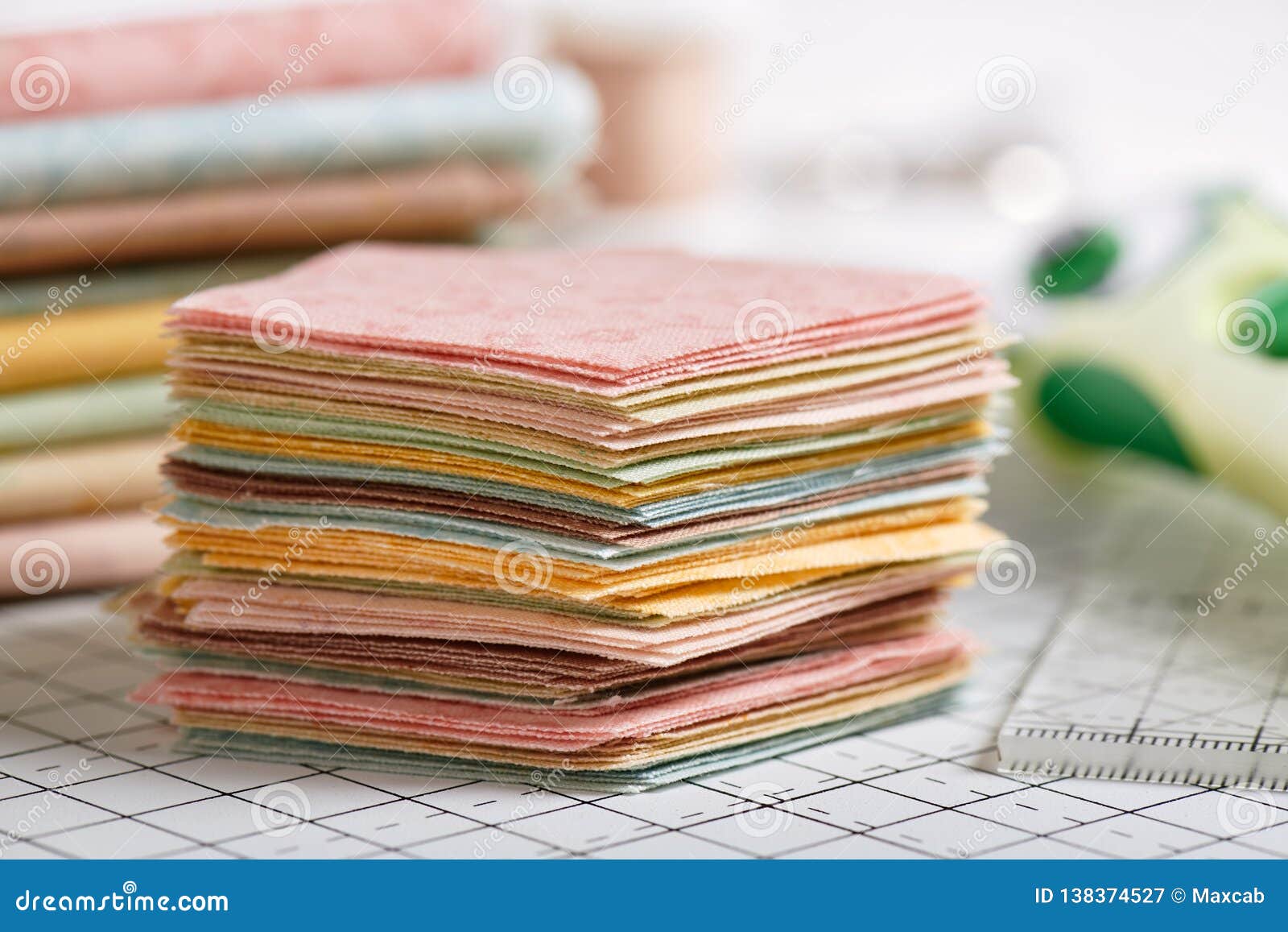 Stack of Pentagon Pieces of Fabrics on White Craft Mat Stock Image ...