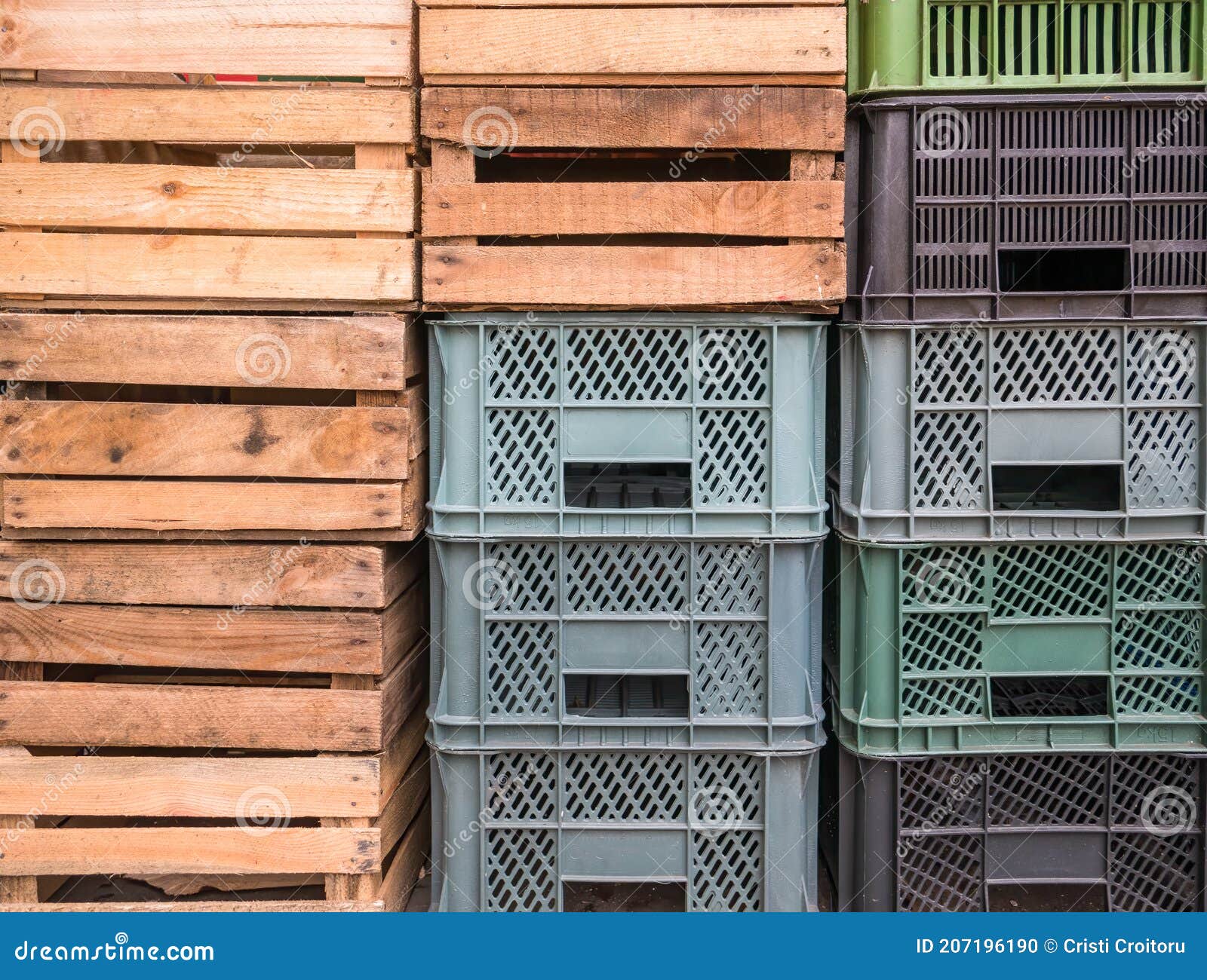 Stack or Pile of Wooden and Plastic Crates for Fruits and Vegetables ...