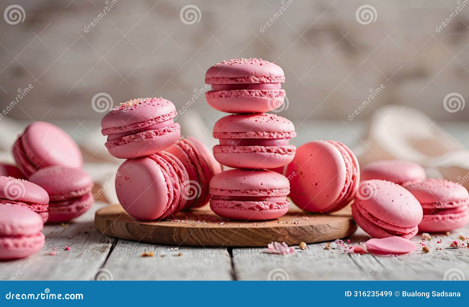 A Stack of Pink Macaroons on a Wooden Plate. Stock Illustration ...