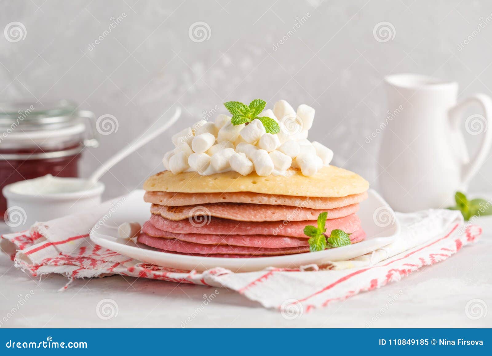 Stack of Pink Ombre Pancakes with Marshmallow and Strawberries. Stock ...