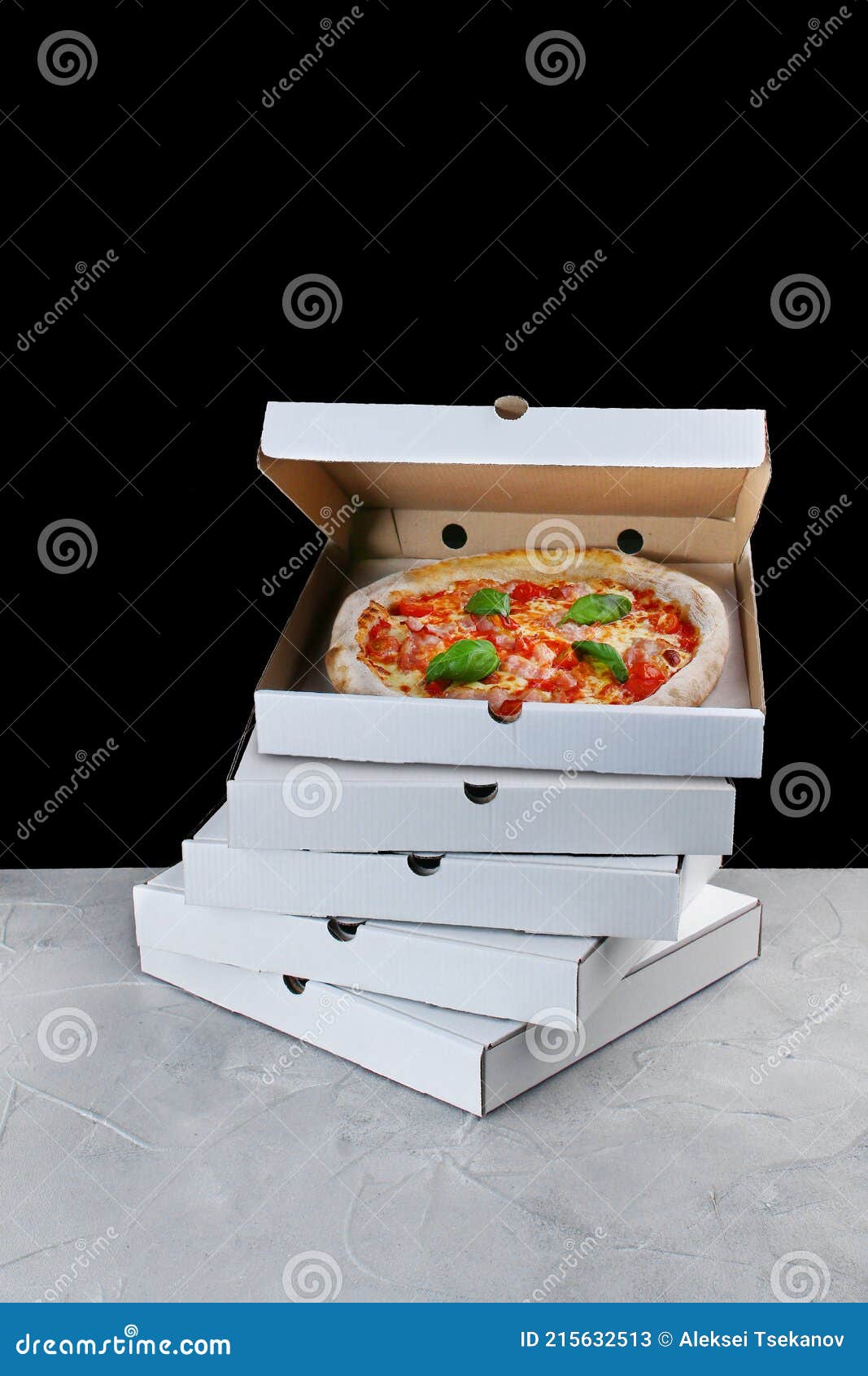 Stack Of Pizza Box With Pizza Inside. Pizza Delivery. Box On Black ...