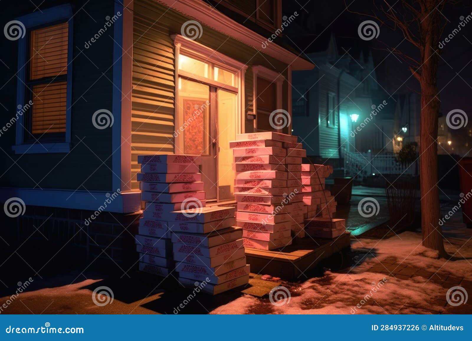 Stack of Pizza Boxes on Doorstep at Night Stock Illustration ...