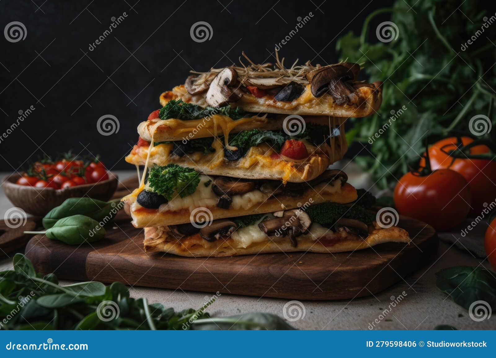 Stack of Pizza Slices with Various Toppings, Surrounded by Greenery ...
