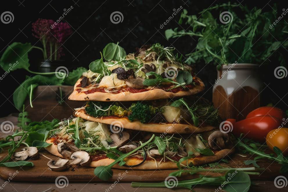 Stack of Pizza Slices with Various Toppings, Surrounded by Greenery ...