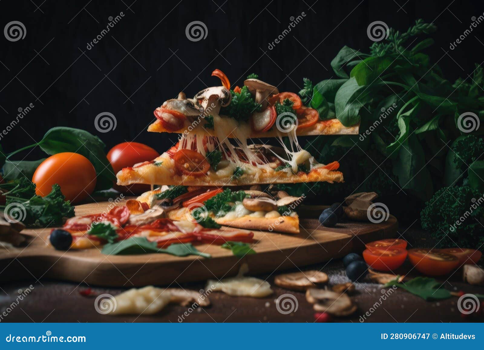 Stack of Pizza Slices with Various Toppings, Surrounded by Greenery ...