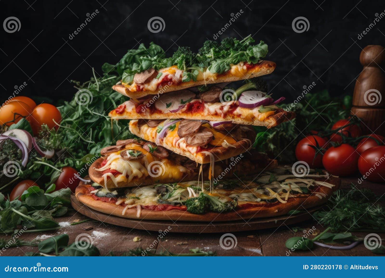 Stack of Pizza Slices with Various Toppings, Surrounded by Greenery ...
