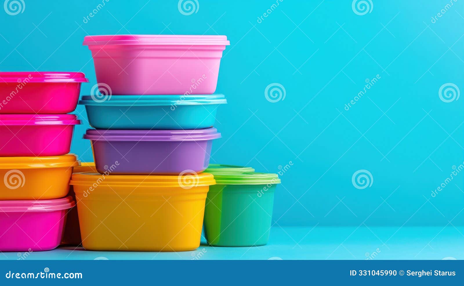 A Stack of Plastic Containers with Lids on a Blue Background, AI Stock ...