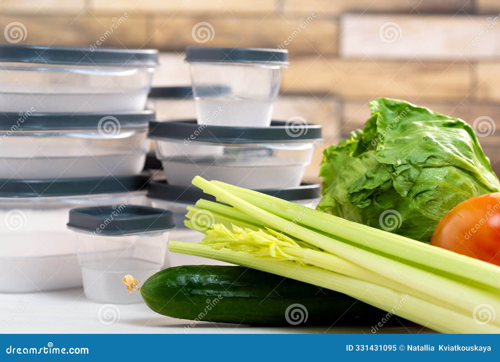 A Stack of Plastic Containers and Raw Vegetables on the Table. Storage ...