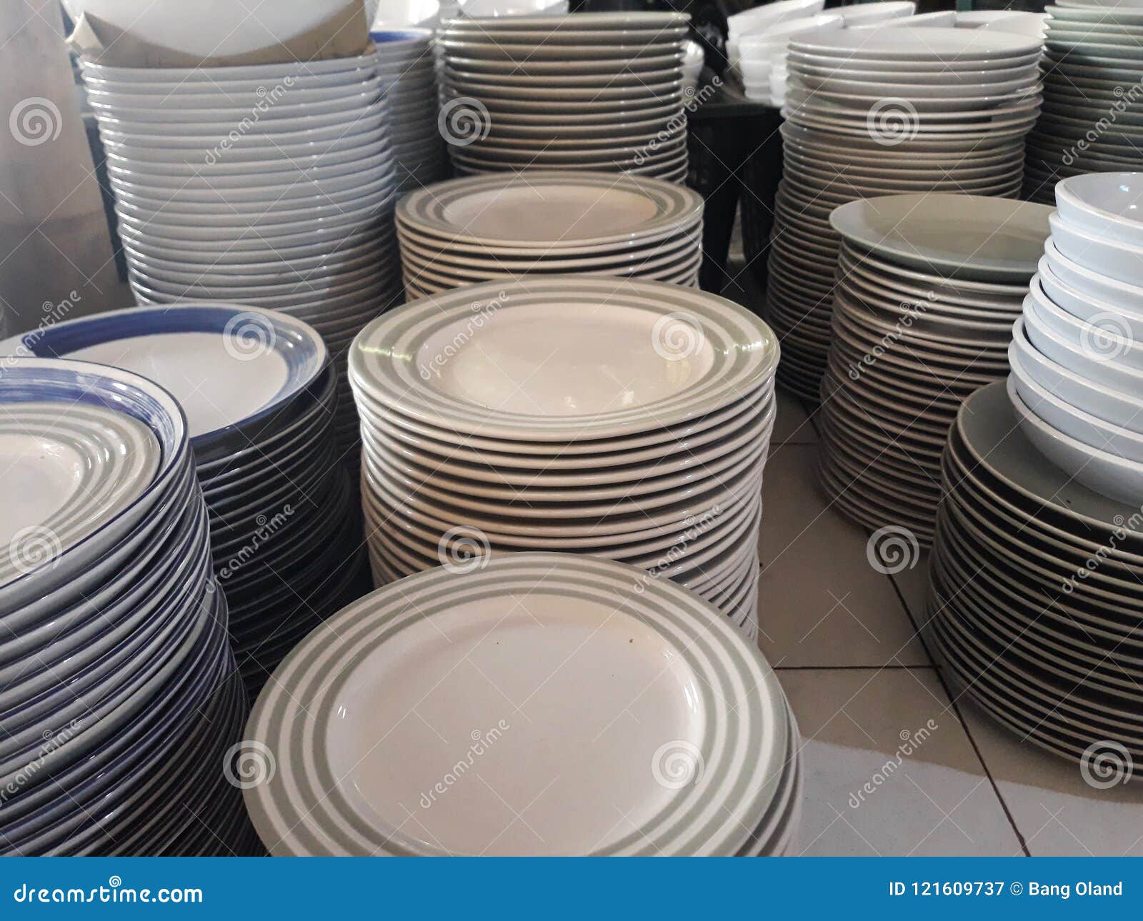 Stack of Plates of Cleaned White, Blue, Red Plates for Catering Buffet ...