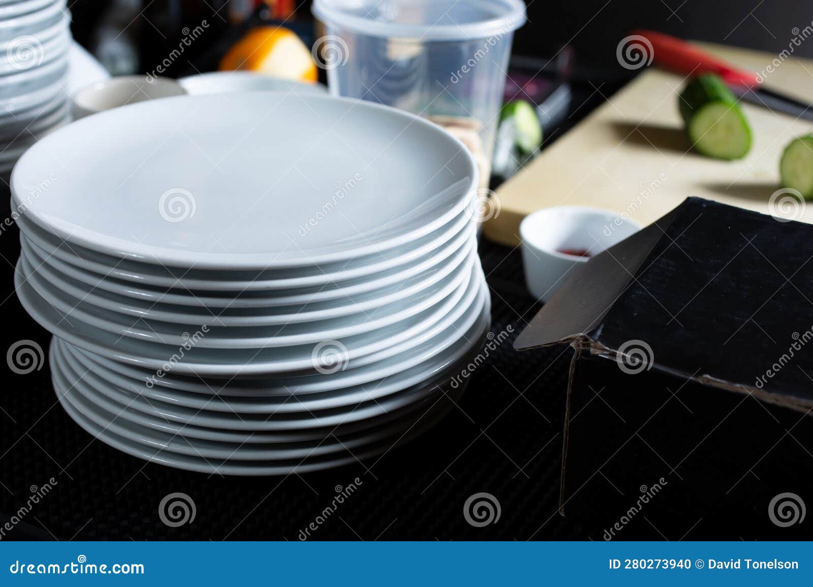 Stack of Plates Cutting Board Kitchen Bar Stock Photo - Image of decor ...