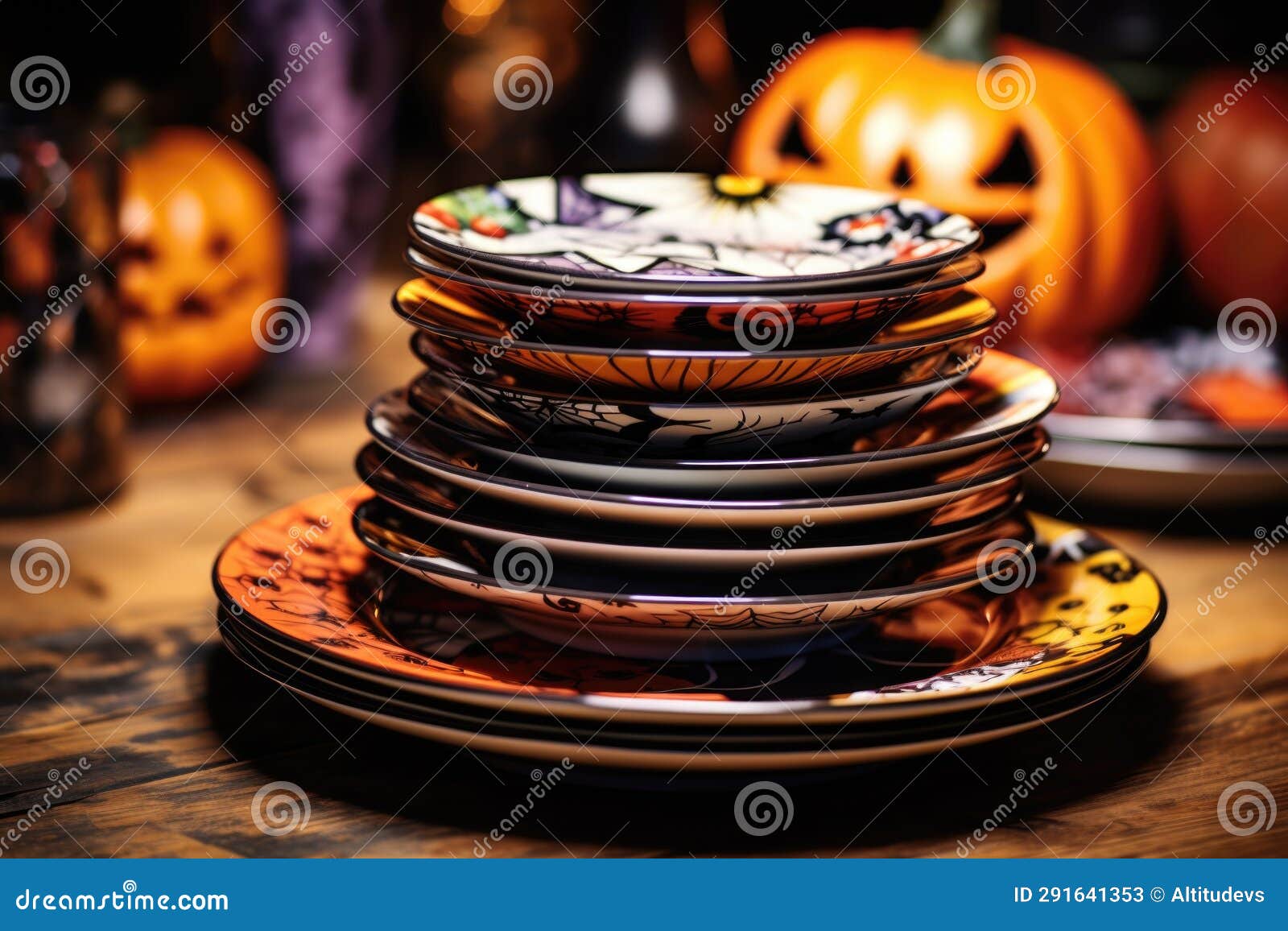 A Stack of Plates with Halloween Motifs Stock Image - Image of motifs ...