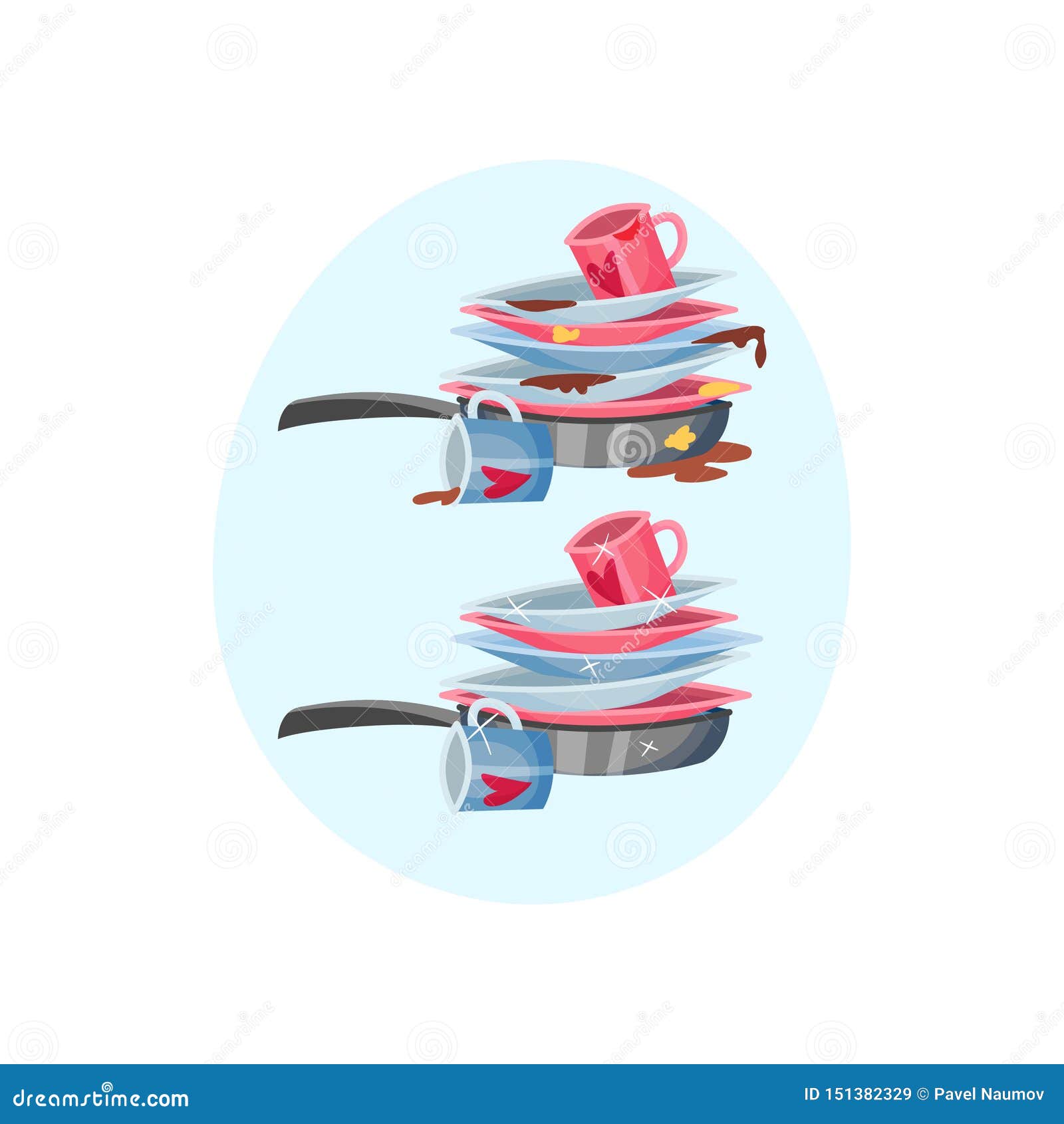 Stack Of Plates In The Pan. Vector Illustration On Blue Oval Shape ...