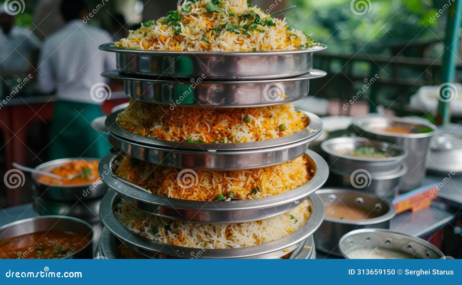 A Stack of Plates Stacked on Top of Each Other with Food, AI Stock ...
