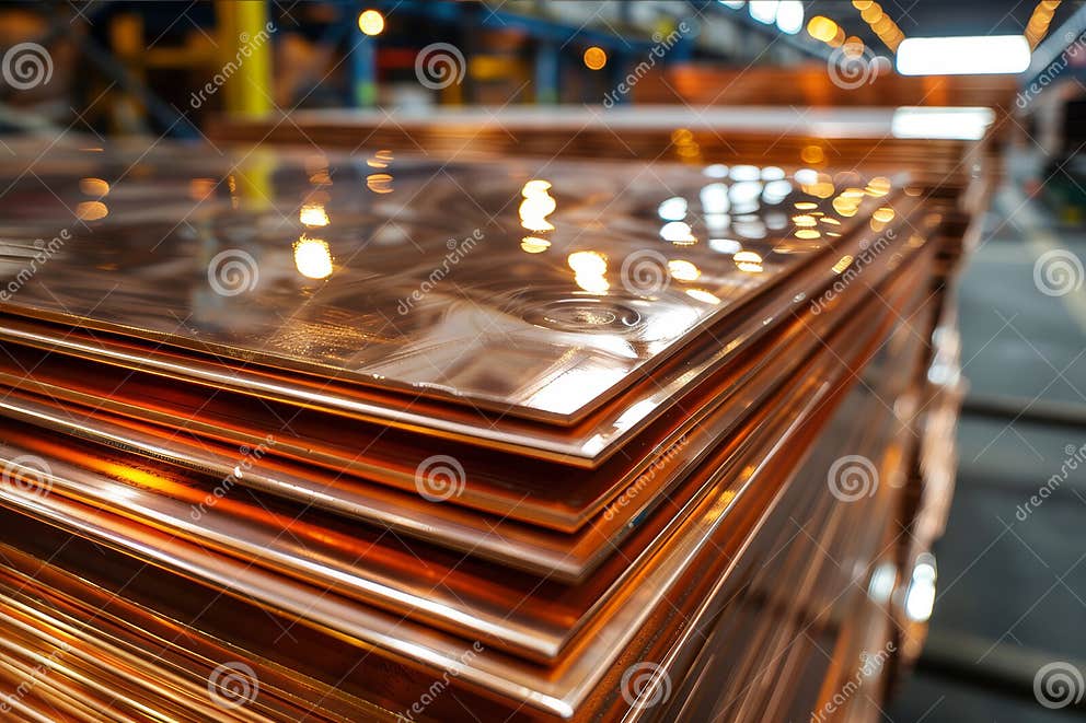 A Stack of Polished Copper Sheets Reflecting Light in a Warehouse Setting, Showcasing Their ...