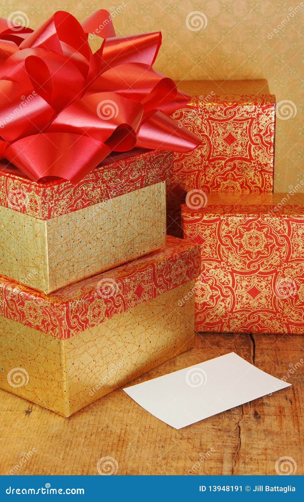 Stack of Presents in Gold and Red Stock Image - Image of space ...