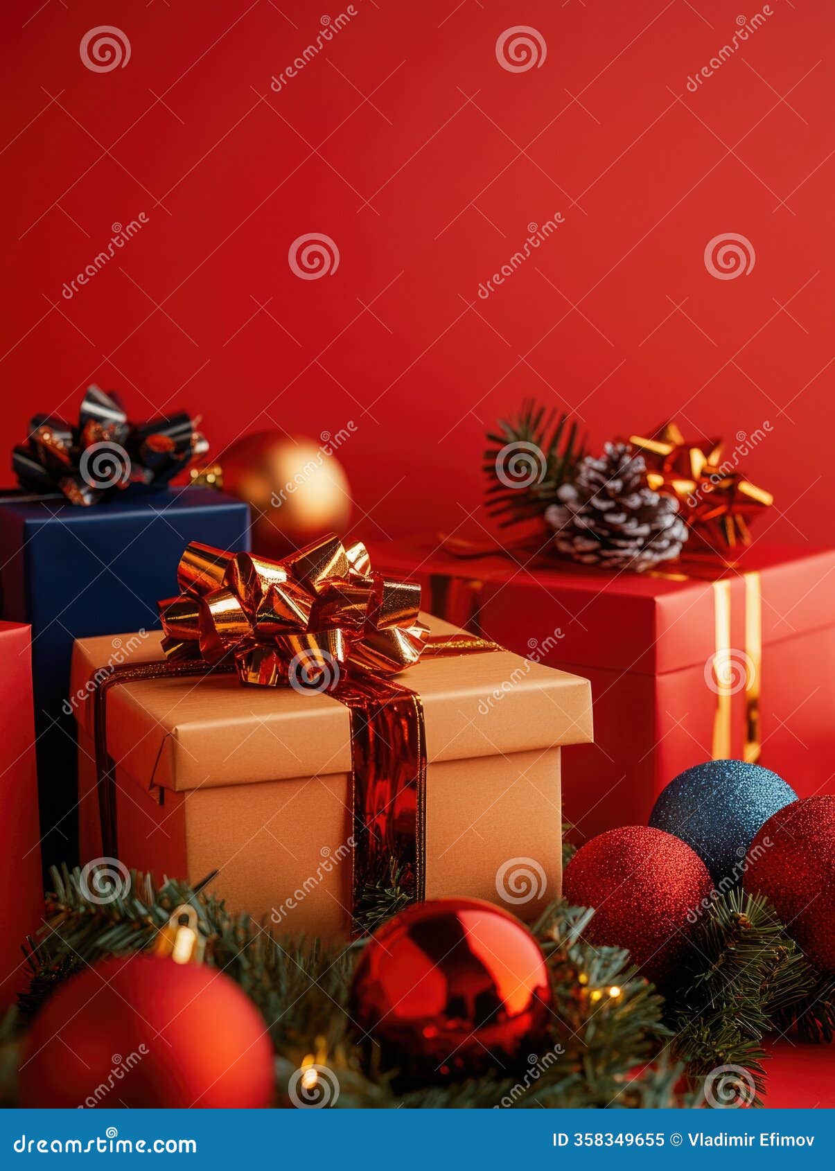 A Stack of Presents with a Red Ribbon on Top of a Brown Box Stock Image ...