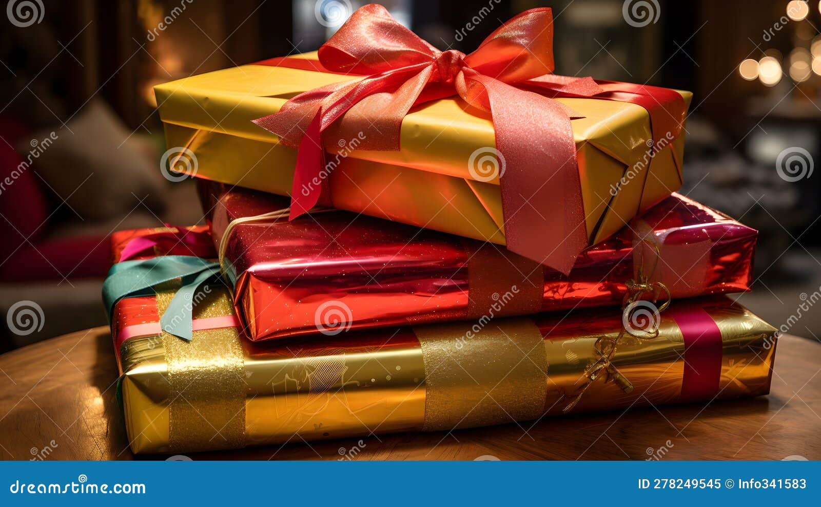A Stack of Presents Wrapped in Shiny Red and Gold Paper W One ...