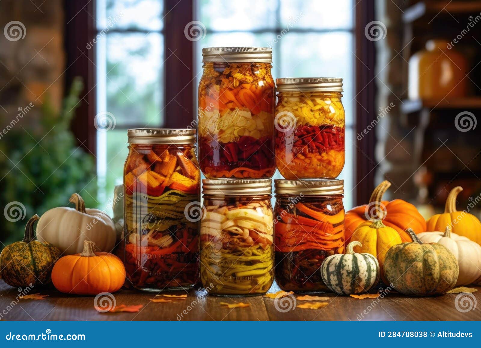 Stack of Preserved Vegetable Jars with Autumn-themed Labels Stock Photo ...