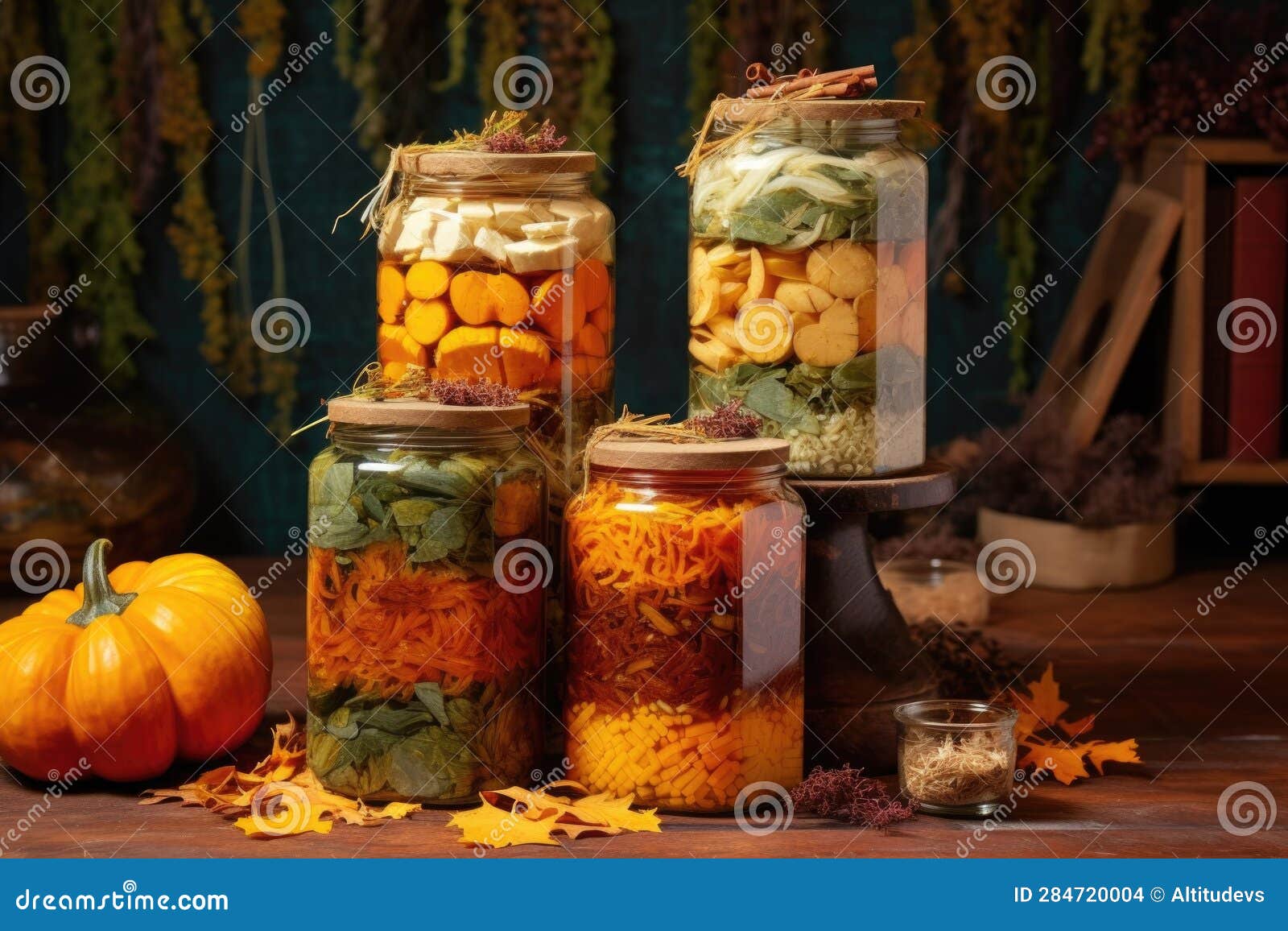 Stack of Preserved Vegetable Jars with Autumn-themed Labels Stock ...