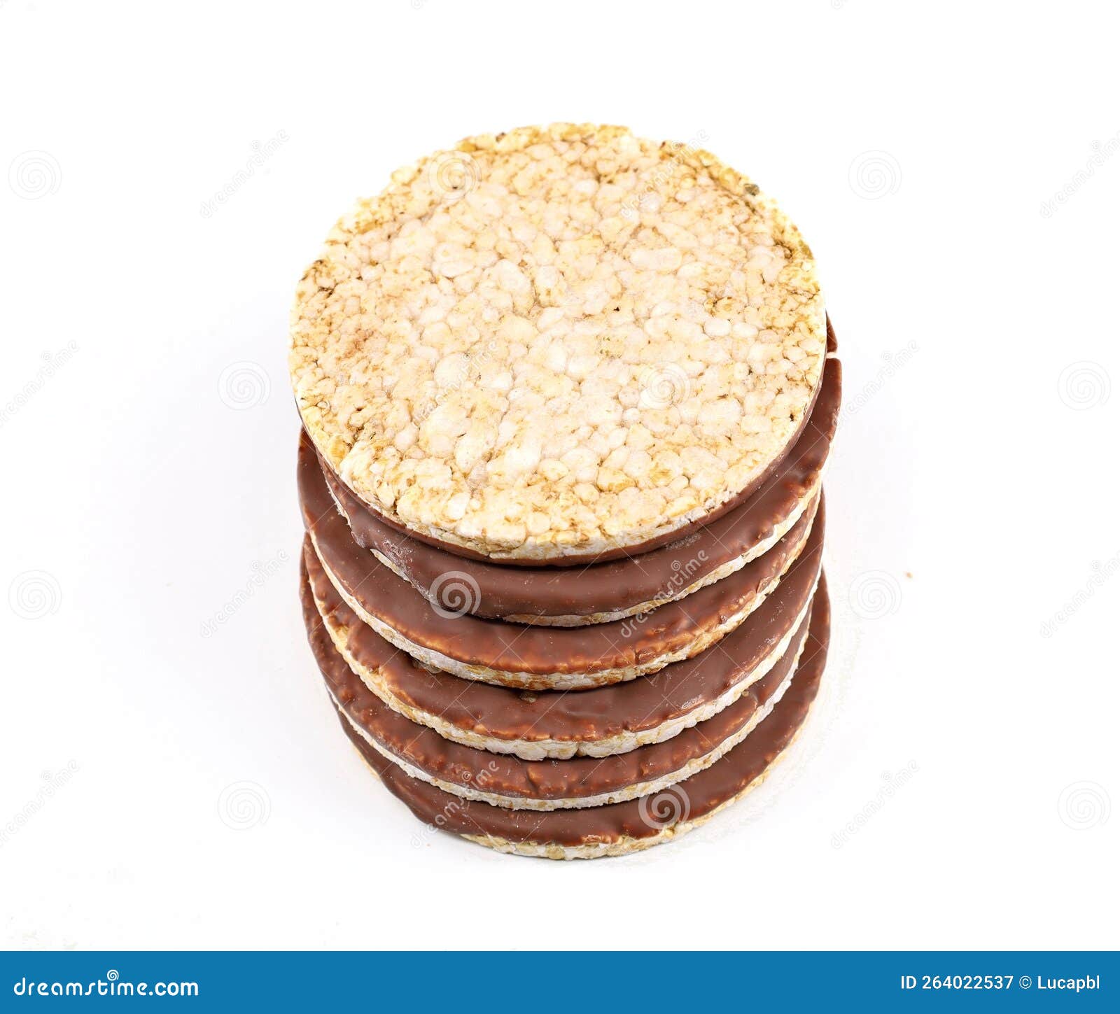 Stack of Puffed Rice Diet Crackers with Chocolate on White Background ...