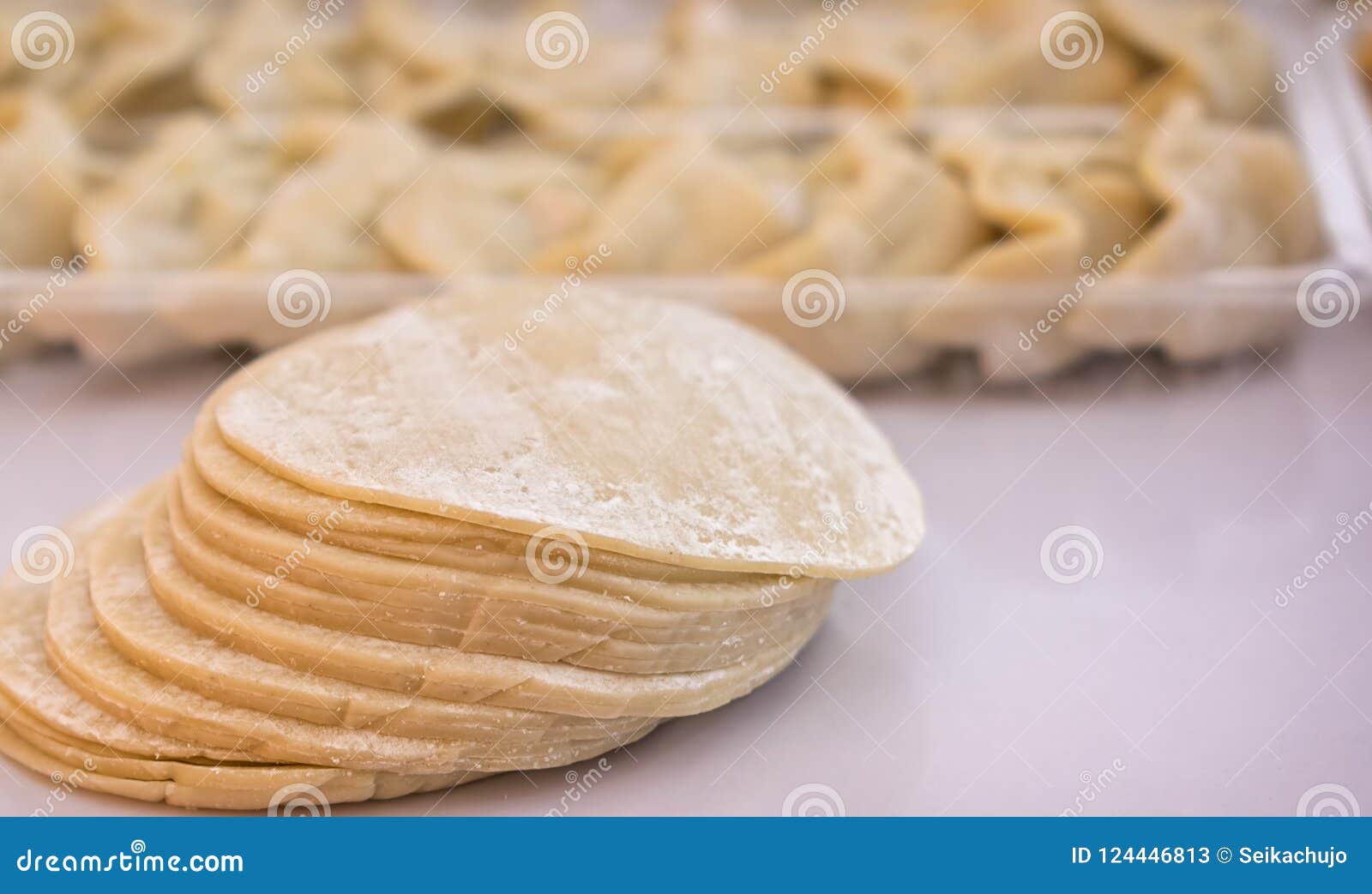 Stack of Raw Chinese Dumpling Skins with Flour. Stock Image - Image of ...